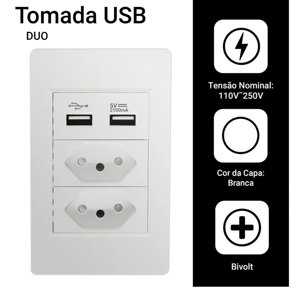 Tomada usb parede com duplo usb versao moderna celular | Pontofrio
