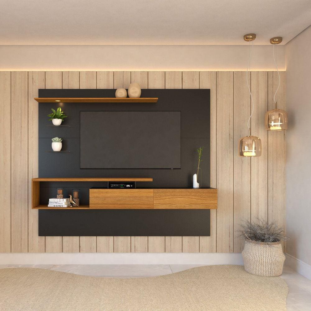 Painel preto com amadeirado | Pontofrio