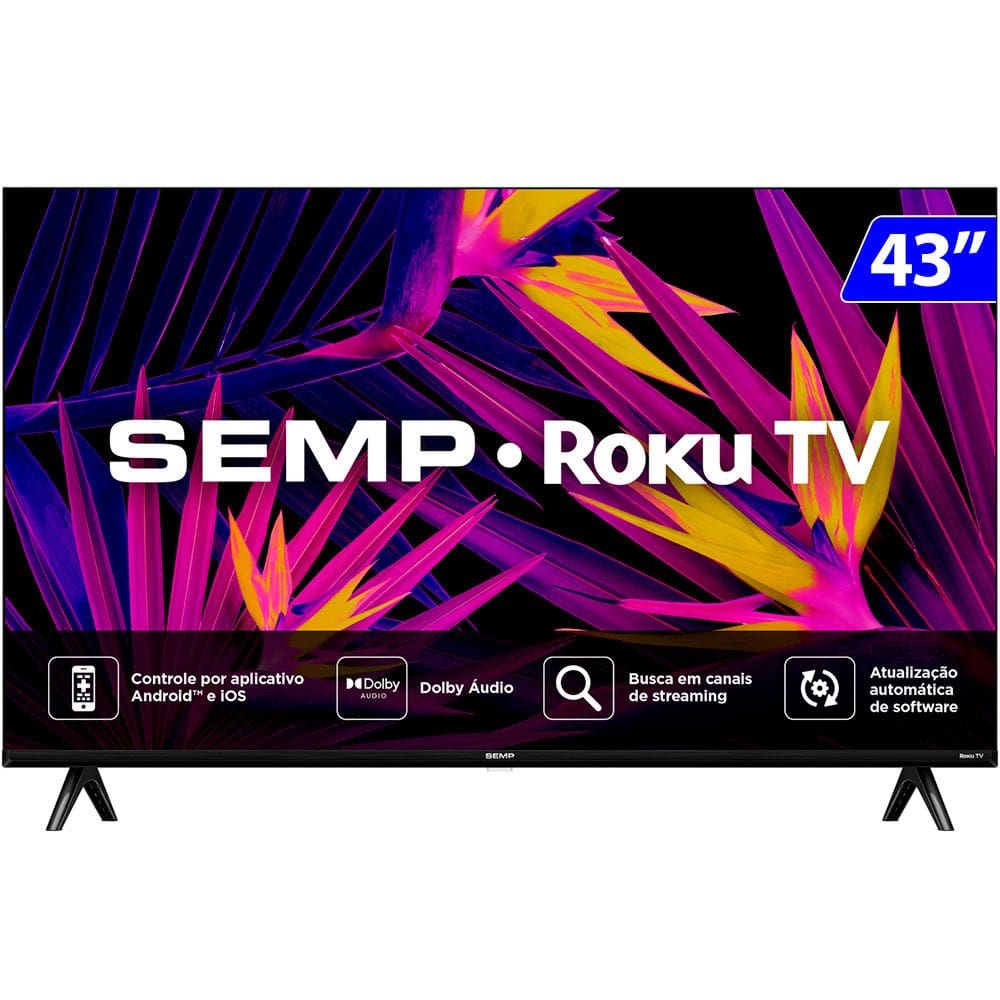 Smart tv led 43" full hd semp roku tv 43r6500 wi fi dual band, 3 hdmi, 1 usb, com controle por ...